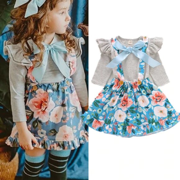 Matching Sets | Girls Blue Floral Suspender Skirt Outfit Set | Poshmark